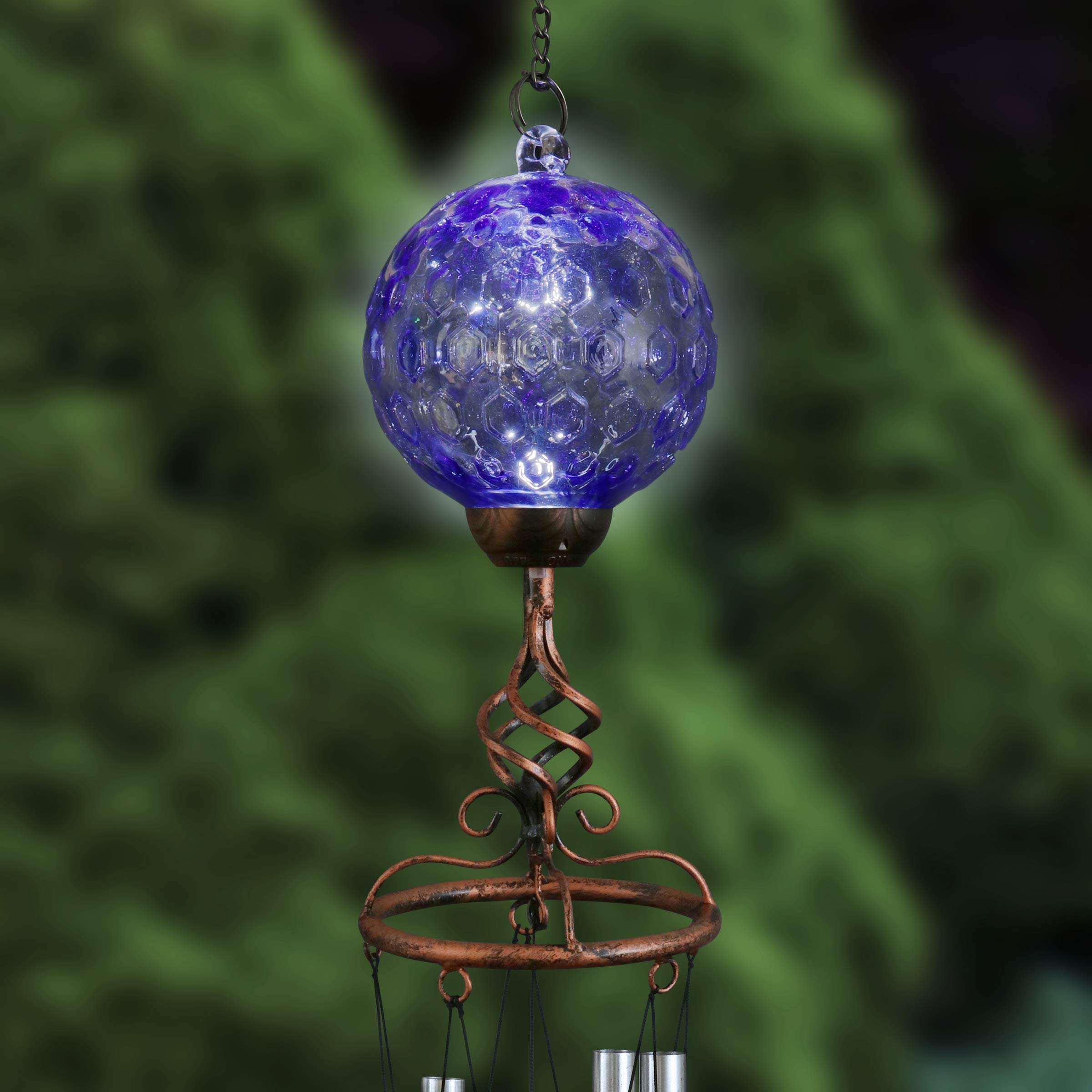 Exhart Wind Chimes, Solar LED Outdoor Garden Lighting, Blue Glass and ...