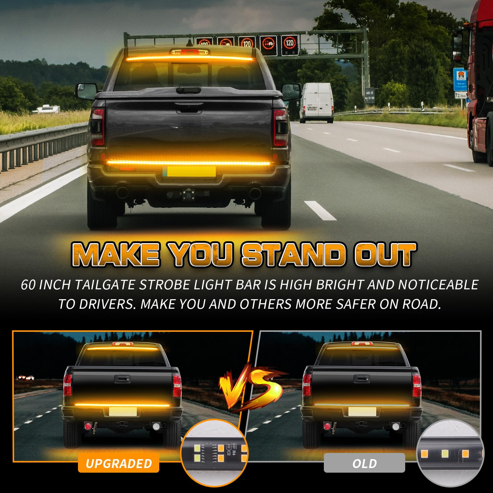 Snapklik.com : 48 Inch Truck Tailgate Amber Strobe Lights Strip Rear ...