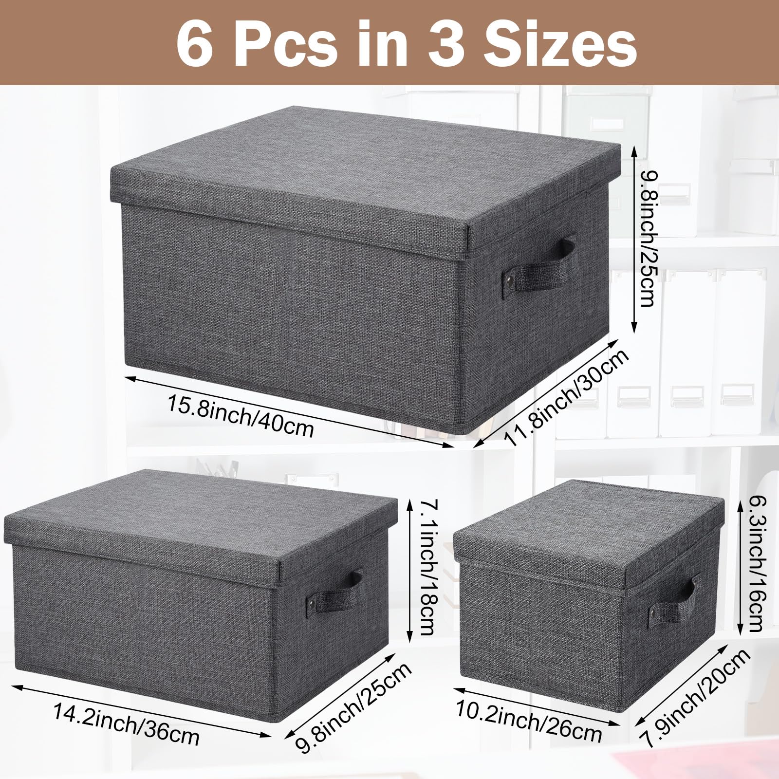 Windyun 6 Pcs Fabric Boxes with Lids Closet Shelf Baskets Storage Bins ...