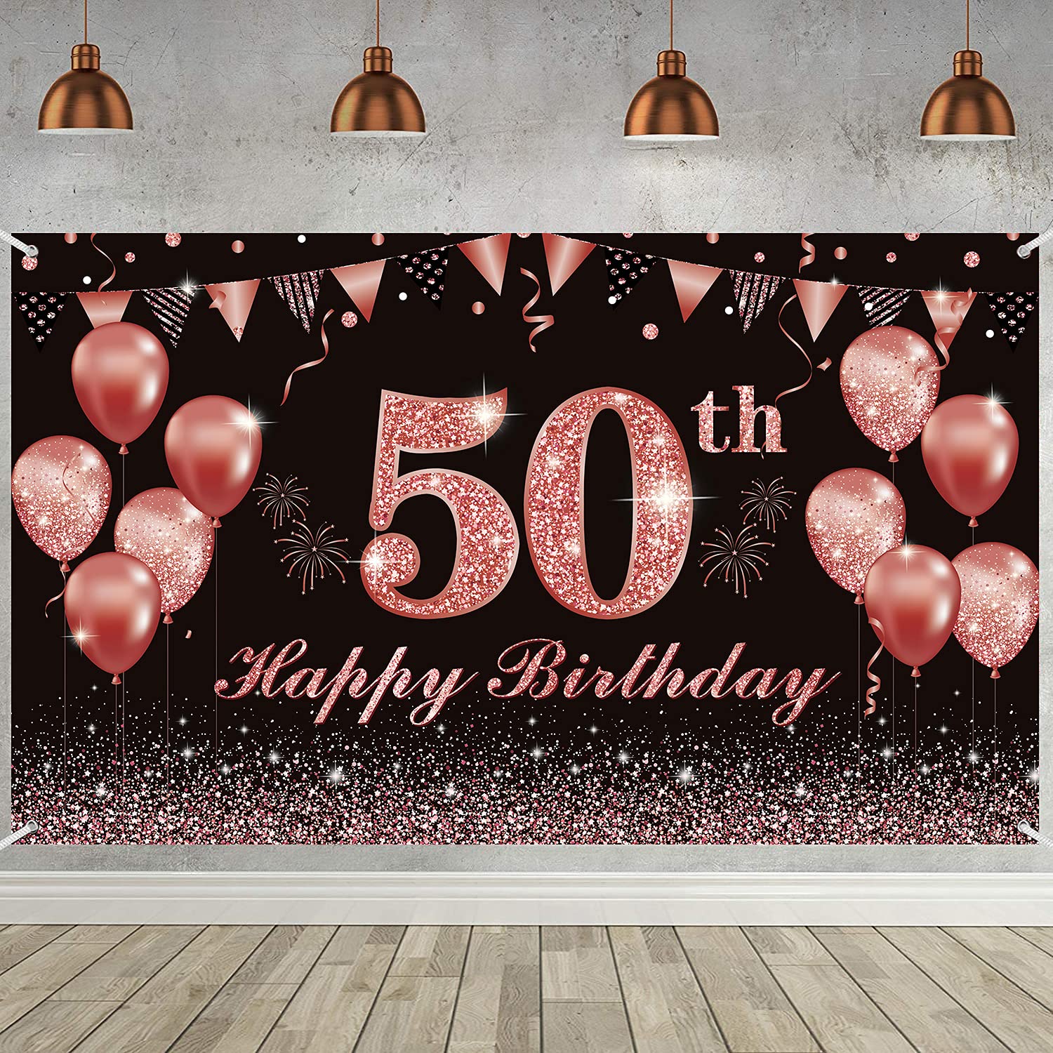 Happy 50th Birthday Banner Backdrop For Women Glitter Rose Gold ...
