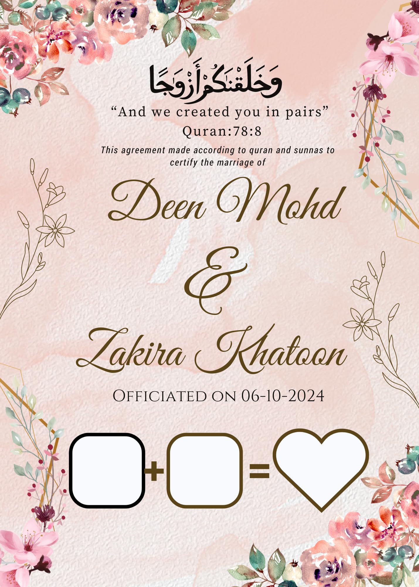 Couple Thumb Print Islamic Nikah Certificate Frame Customised Text ...