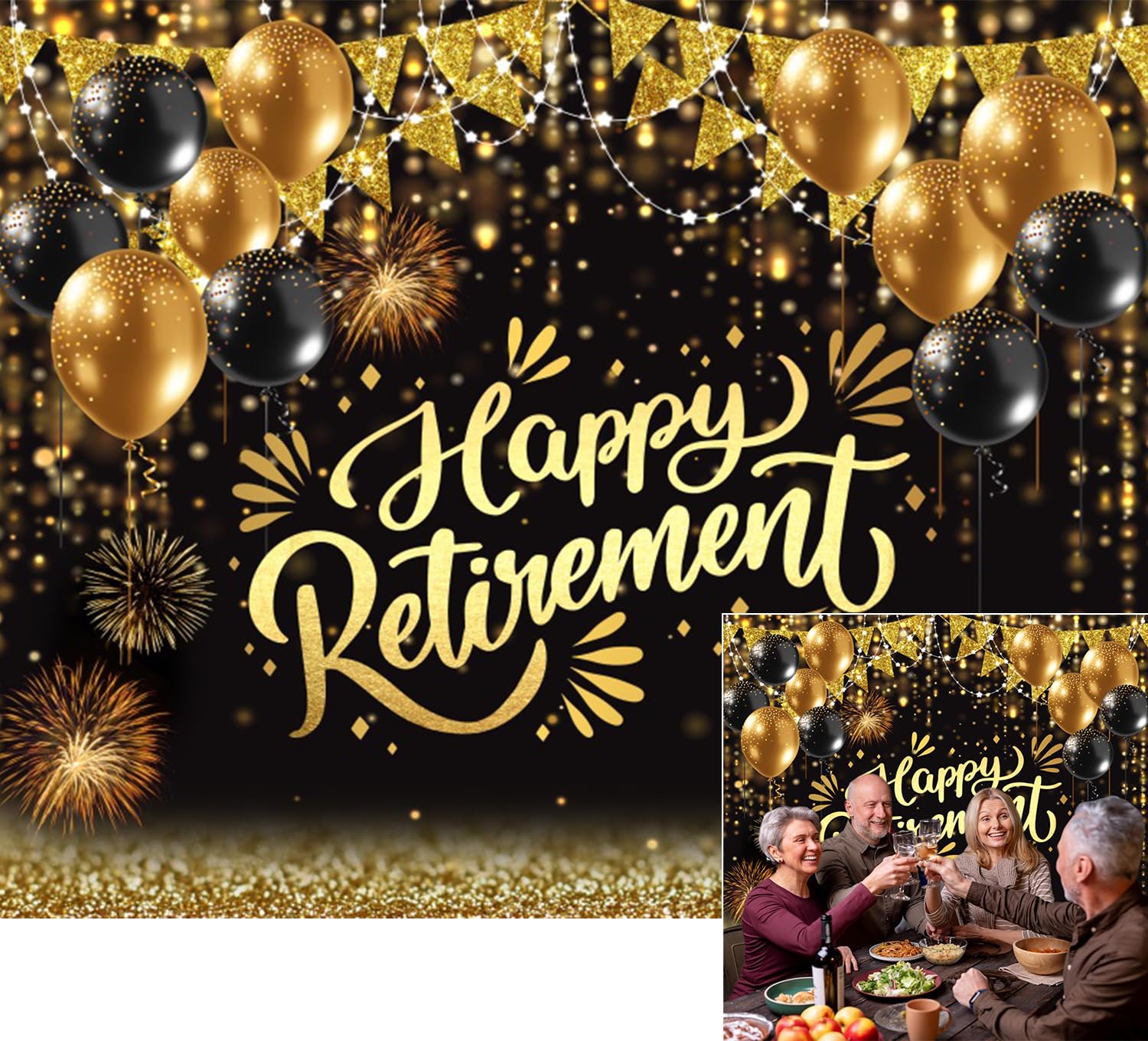 Amazon.com : Happy Retirement Backdrop Black and Gold Glitter Balloon ...
