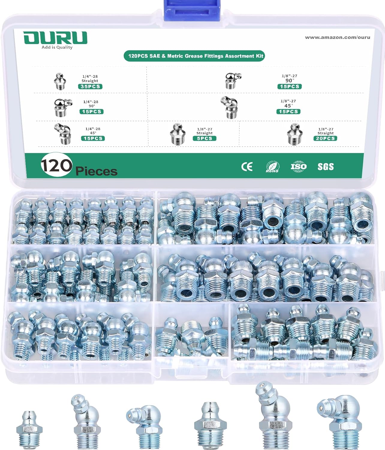 Amazon.com: OURU Grease Fittings Assortment, 120PCS SAE Zerk Grease ...