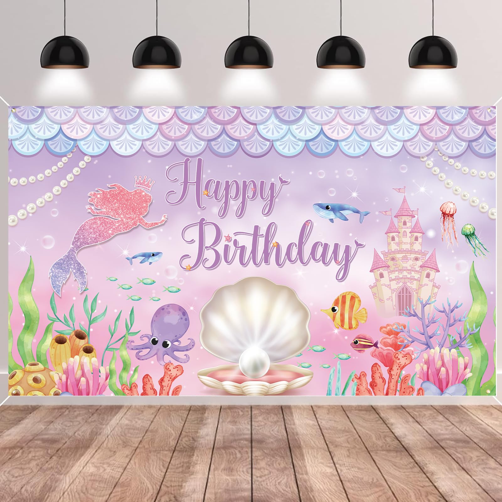 Amazon.com : SMENGGIL Mermaid Happy Birthday Banner Backdrop ...