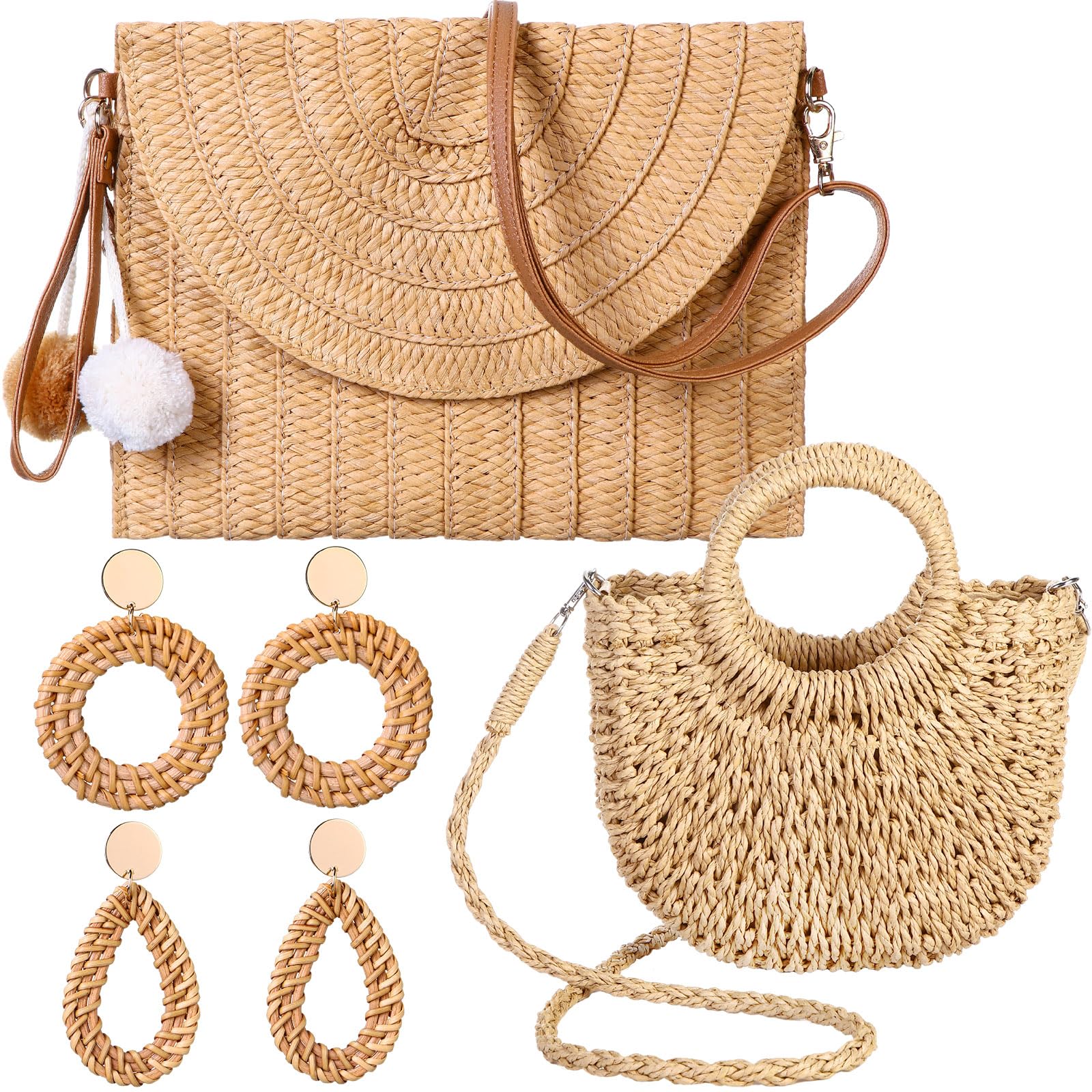 JaGely 2 Pack Straw Clutch Purse for Women with 2 Pairs Rattan Earrings ...