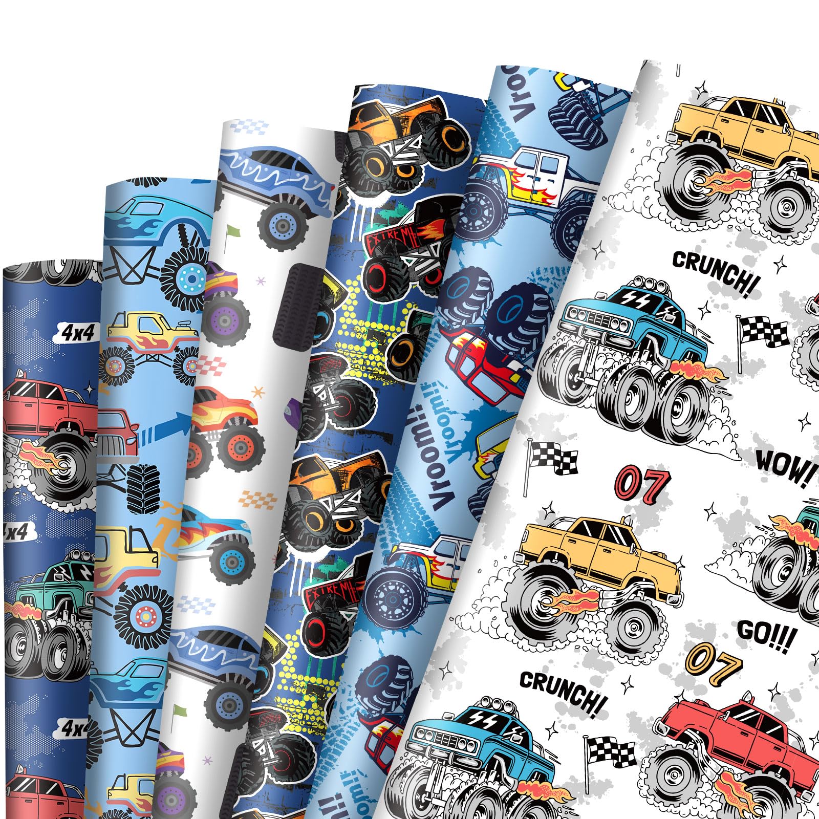 Amazon.com: AnyDesign 12 Sheet Monster Truck Wrapping Paper Cartoon ...
