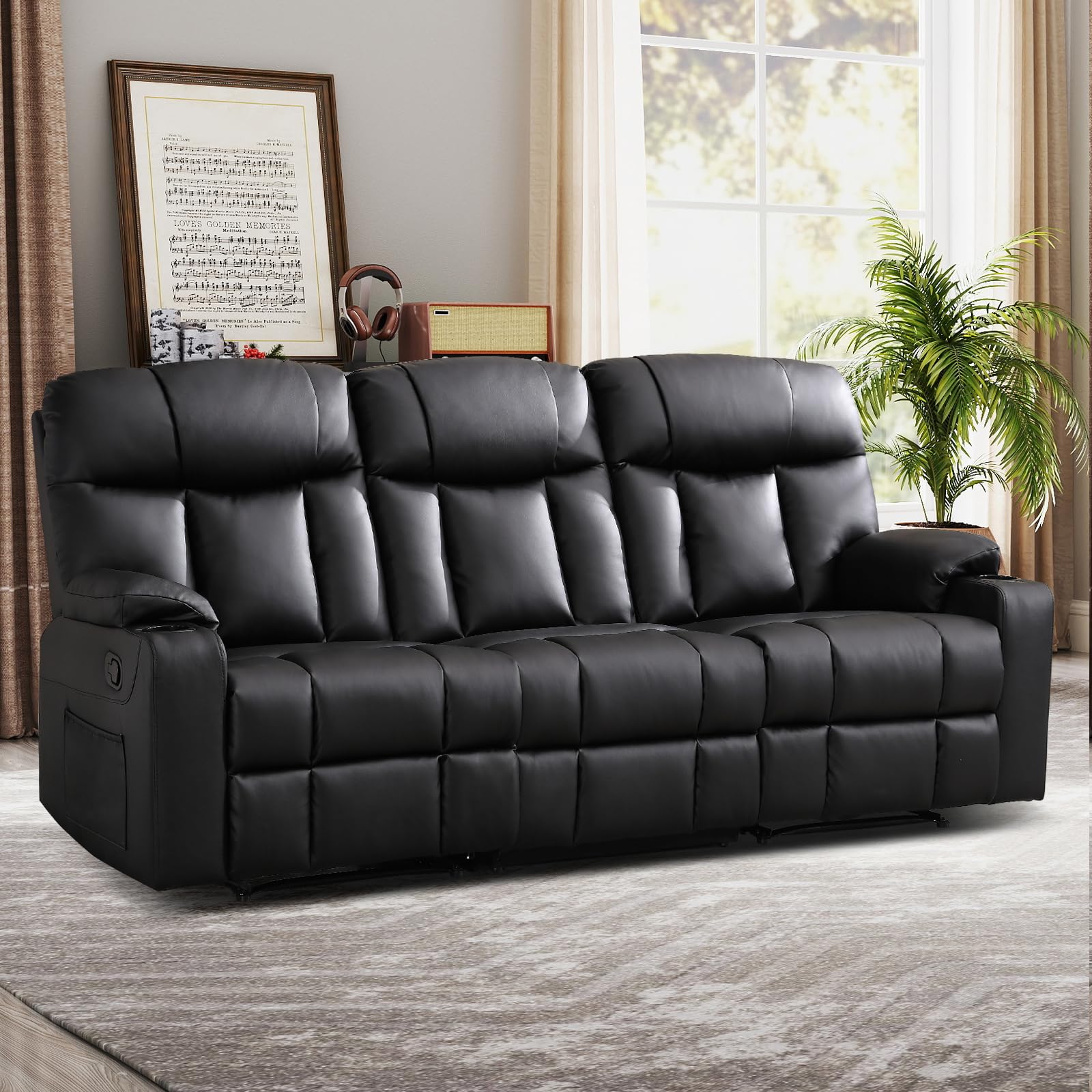 Faux Leather Manual Reclining Sofa with 2 Cup Holders, Overstuffed ...