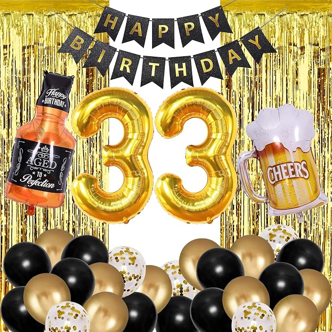 Amazon.com: 33rd Birthday Decorations for Men - Black and Gold Party ...