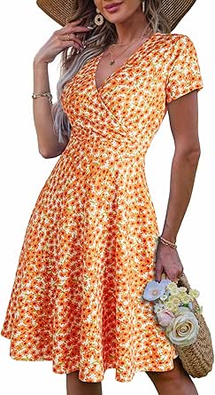 MSBASIC Cute Summer Dresses for Women Casual Swing Floral Midi Skater Dress for Women(Orange ...