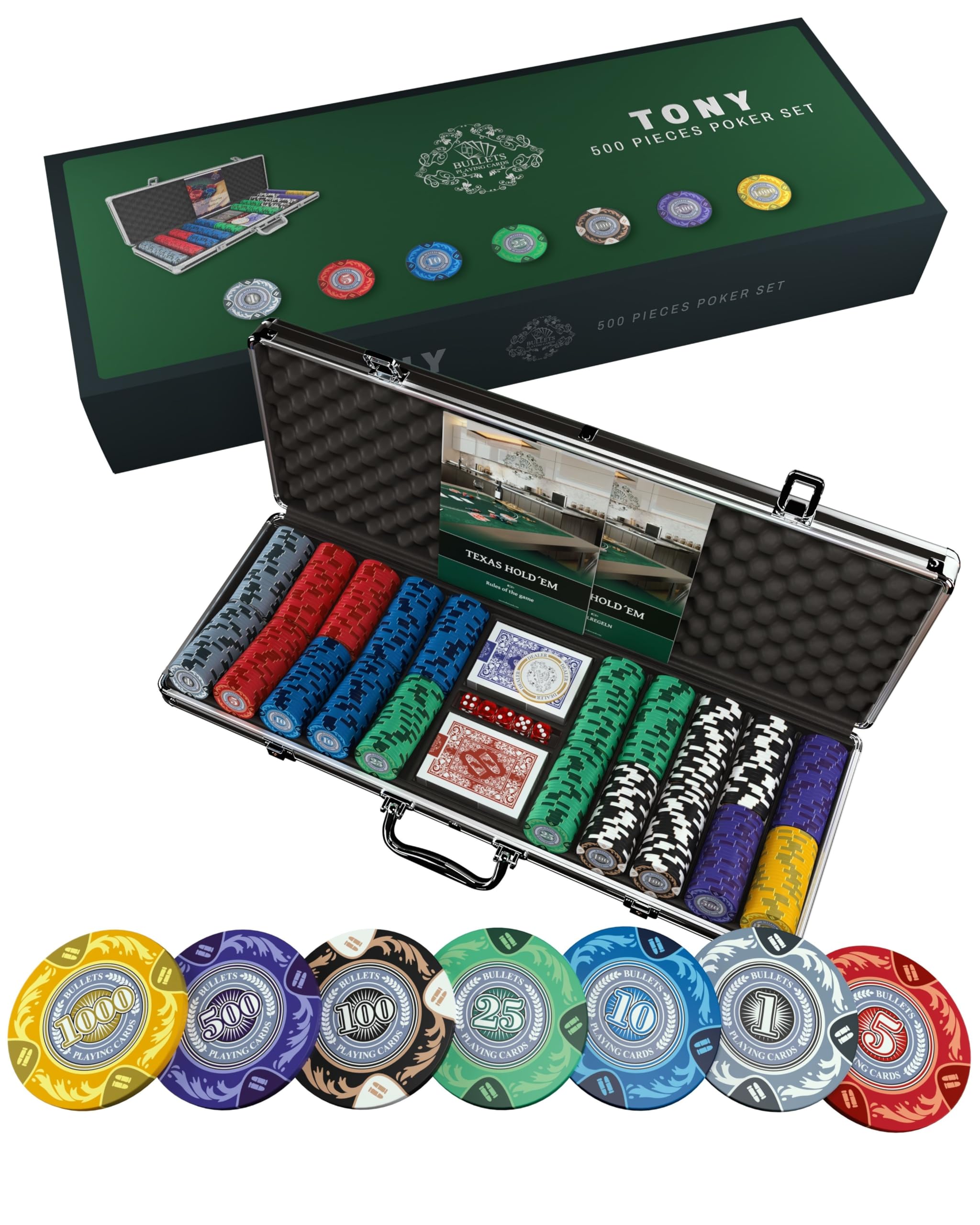 Bullets Playing Cards, Mallette de Poker «Tony», 500 jetons en Argile ...
