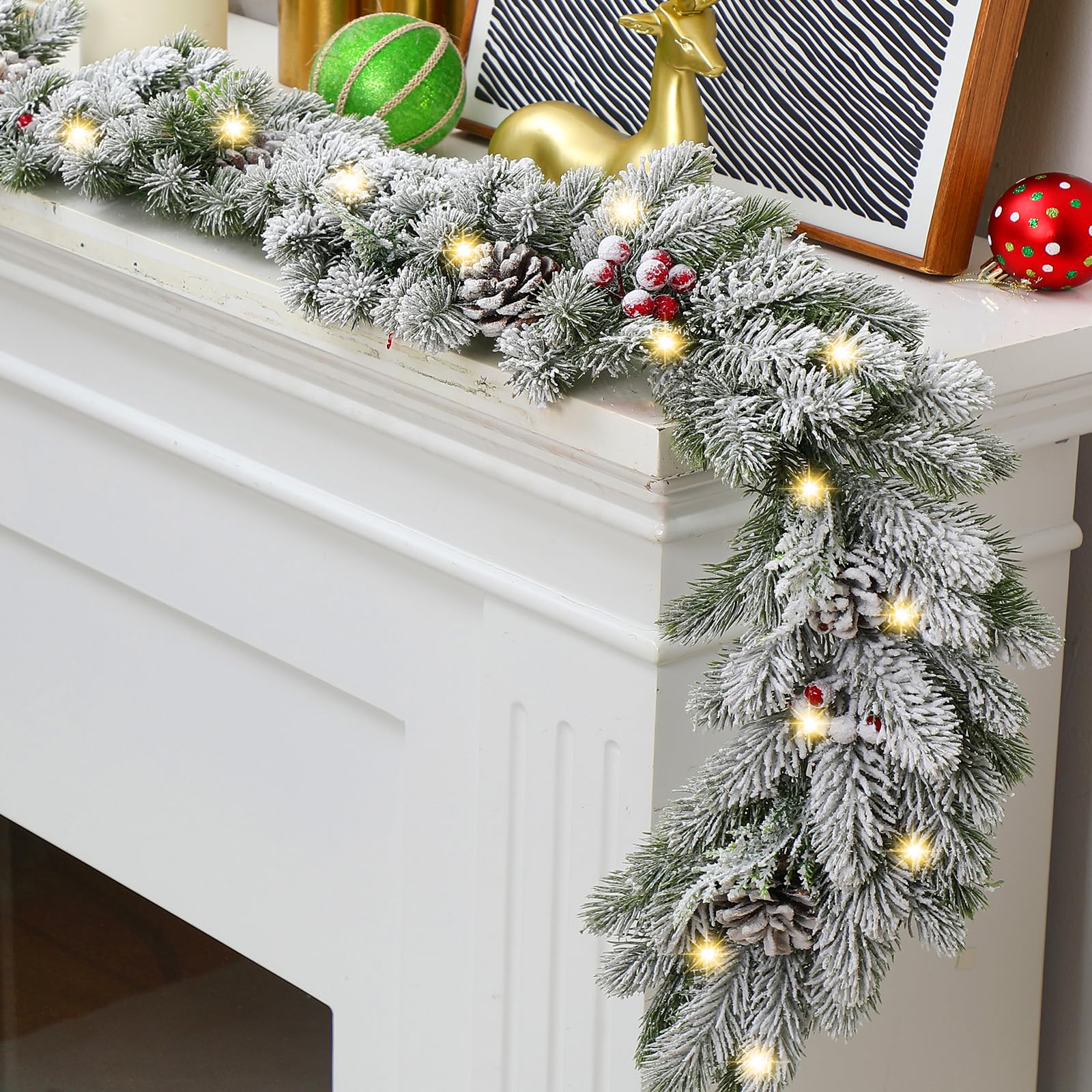 Amazon.com: Chuangdi 6 ft Christmas Snow Flocked Garland with Lights ...