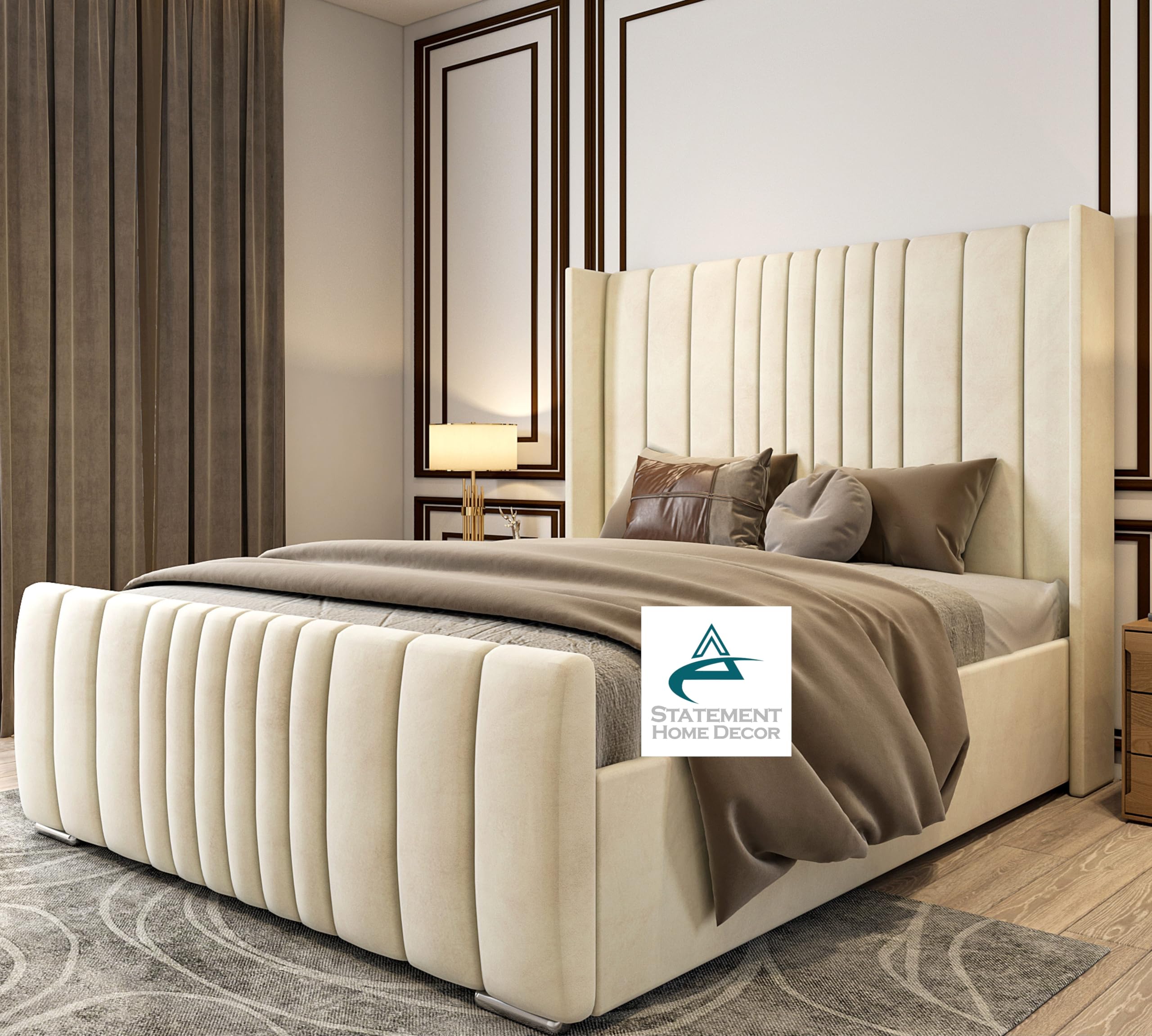 Double Ottoman Bed Curved | Winged Headboard Ottoman Storage Bed | Velvet Upholstered Bed Frame ...