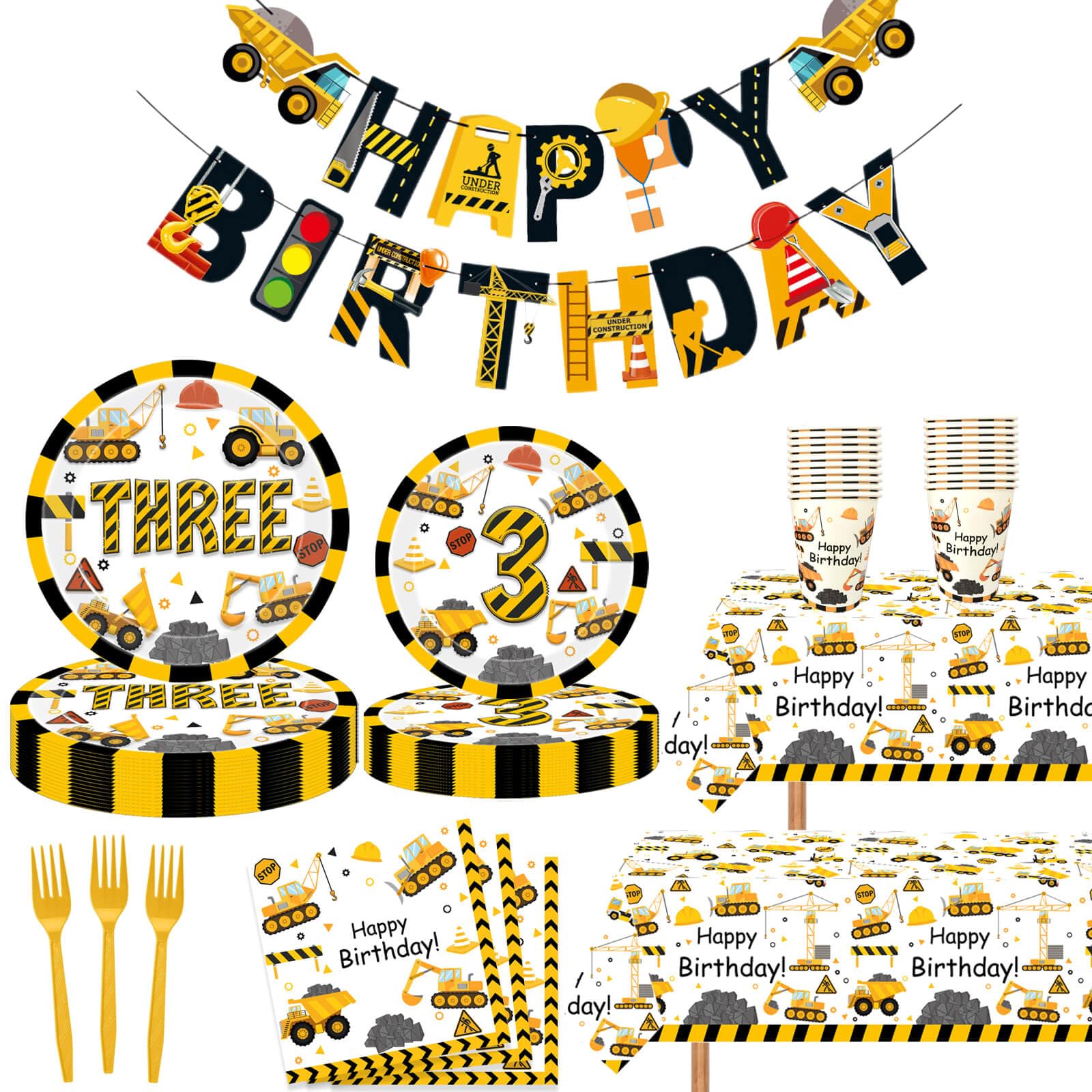 Amazon.com: 118 Pcs Construction 3rd Birthday Decor Construction Three ...