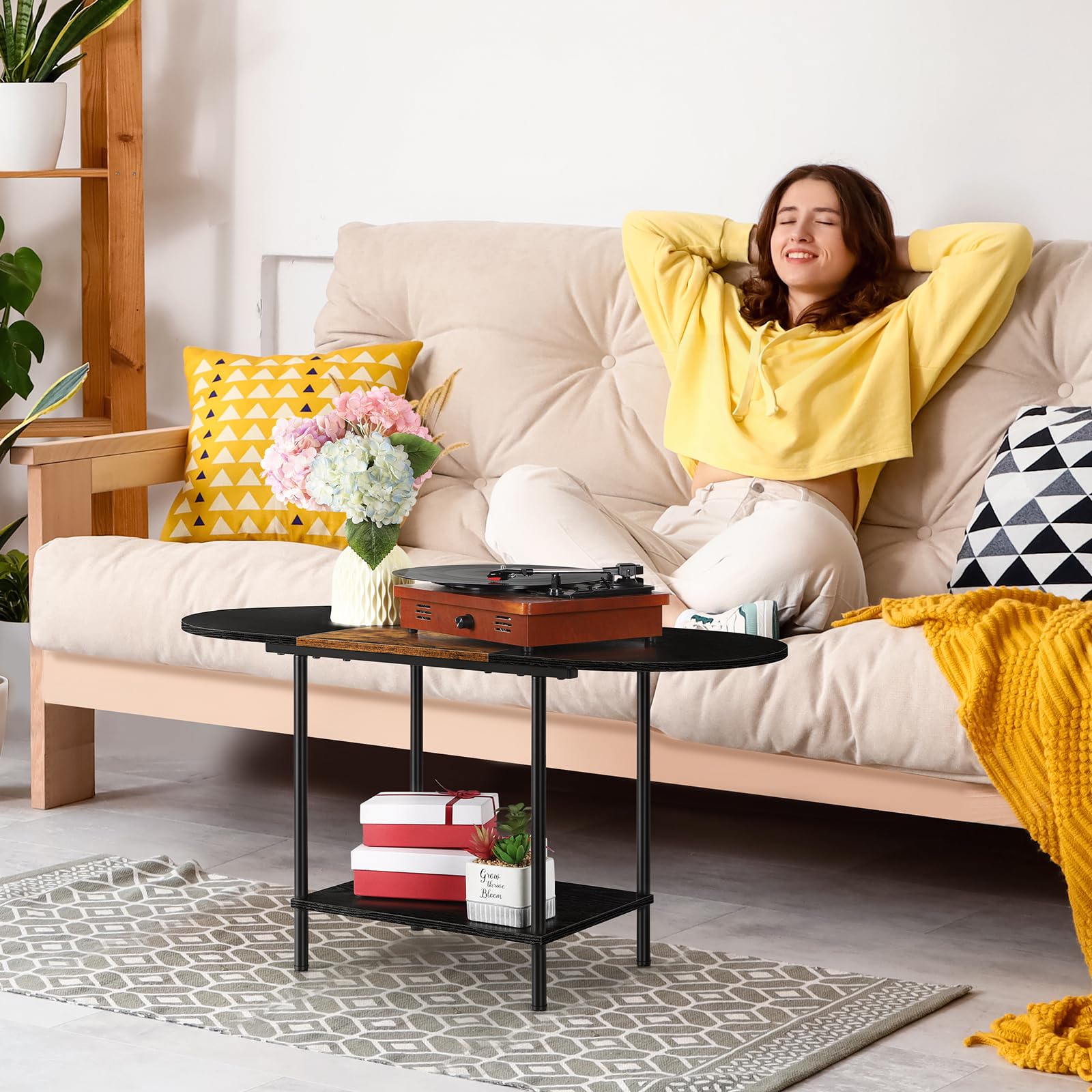 ETELI 2 Tier Small Oval Coffee Table Black Farmhouse Center Table with ...