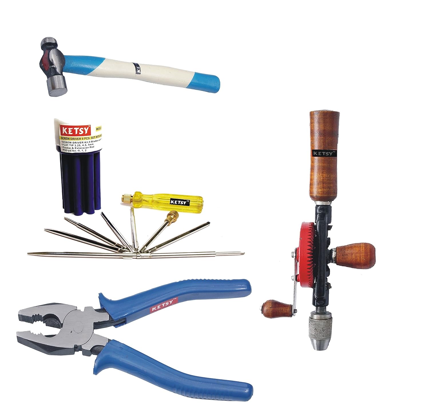 Buy Ketsy 880 Hand Tool Kit 12 Peice(Hand Drill 1/4,Ball Peen Hammer ...