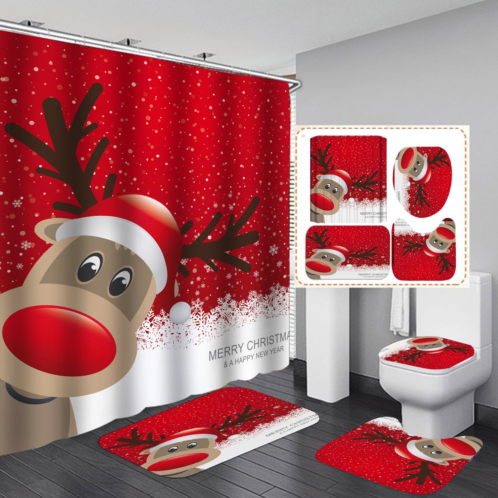 Amazon.com: 4Pcs Christmas Bathroom Sets with Shower Curtain, Rugs ...