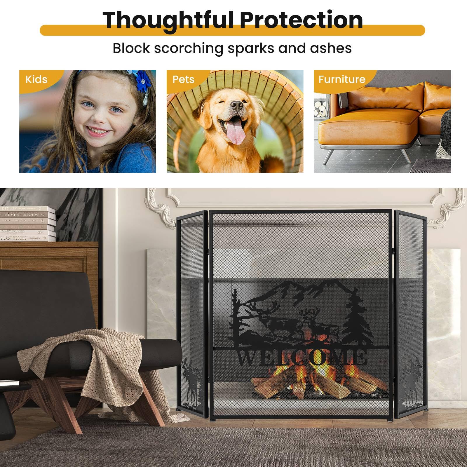 Fire Guards For Living Rooms TANGZON 3-Panel Folding Fireplace Screen ...