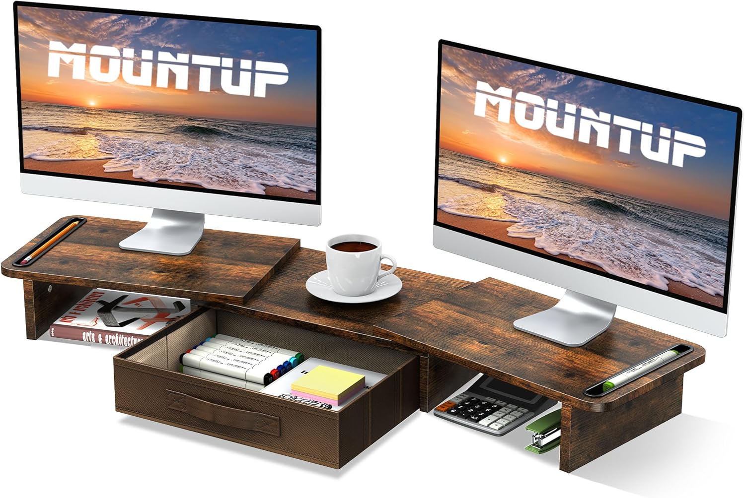 MOUNTUP Dual Monitor Stand Riser with Drawer-Adjustable Length and Angle, Monitor Stand Riser ...