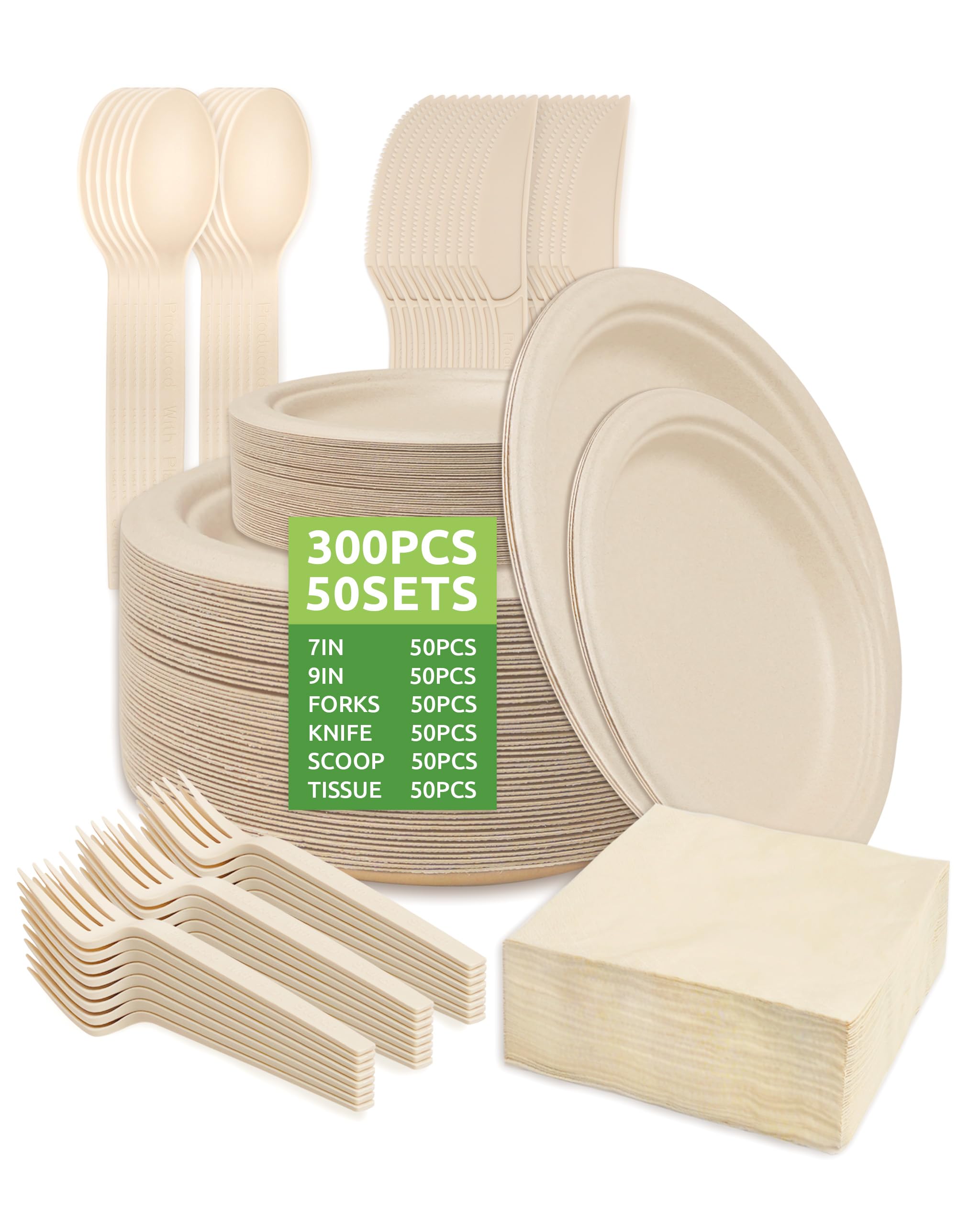 Amazon.com: BSDPREF 300Pcs Disposable Paper Plates Set, Compostable ...