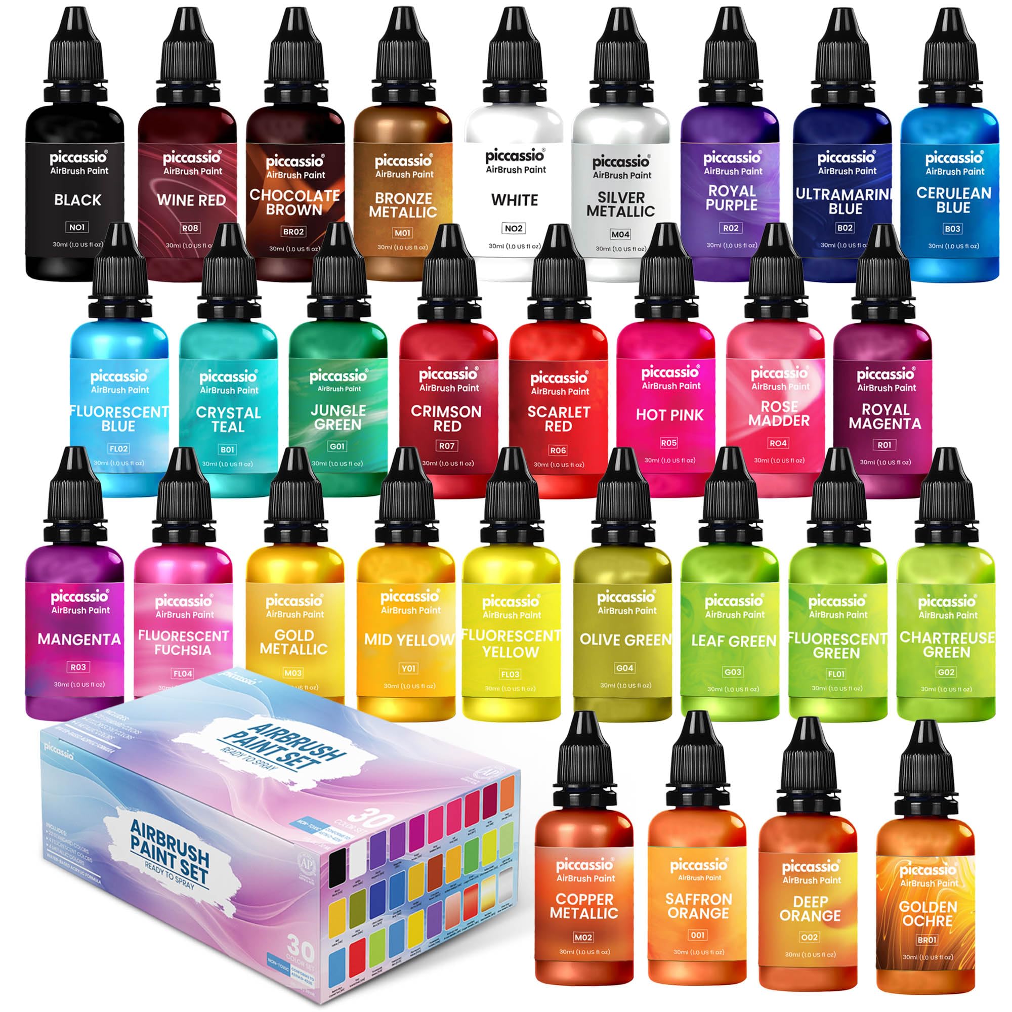 Amazon.com: Piccassio Airbrush Paint Set, 30 Water-Based, Quick-Drying ...