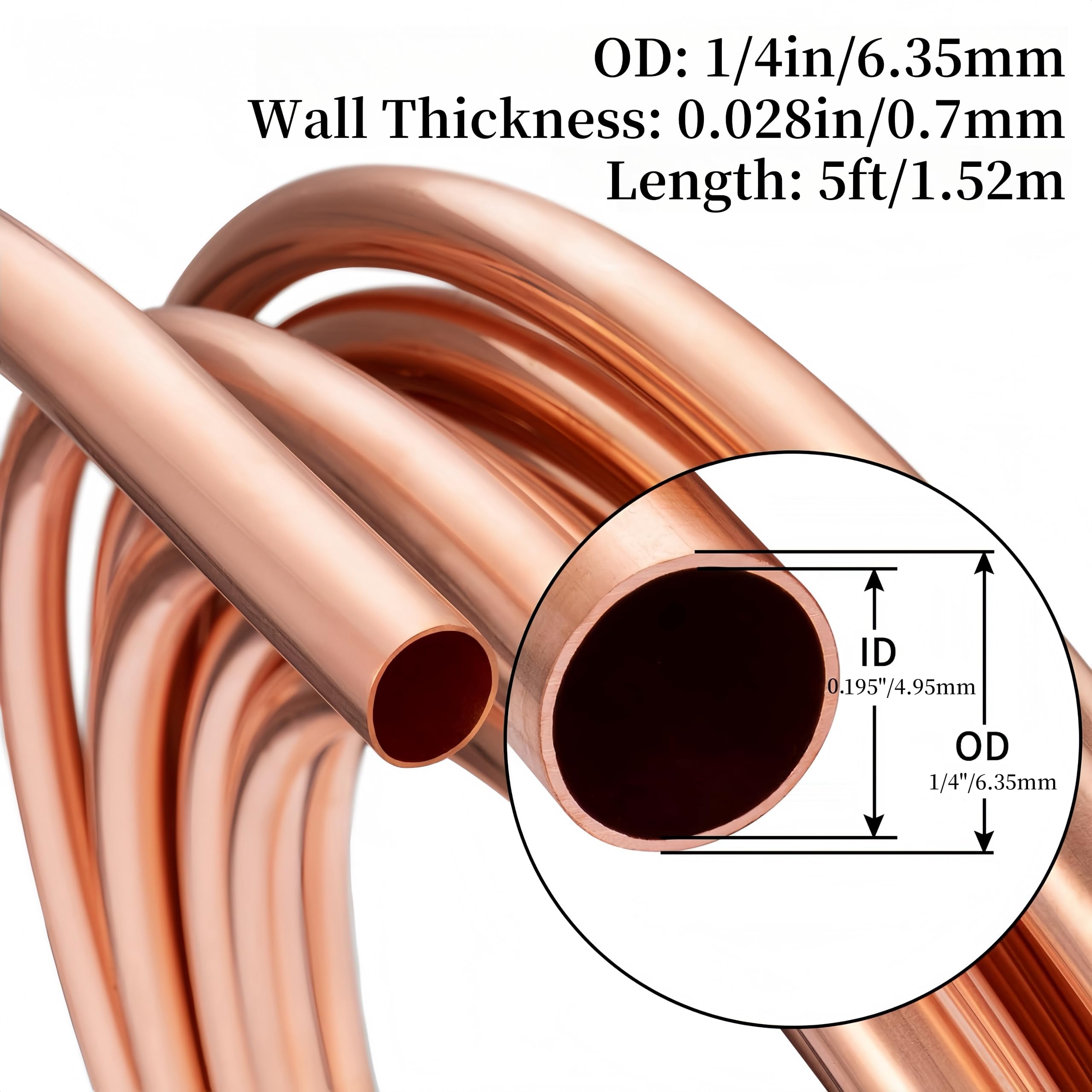 Snapklik.com : Copper Tubing 1/4" OD X 0.195" ID X 5 Ft, 99.9% C12200 ...