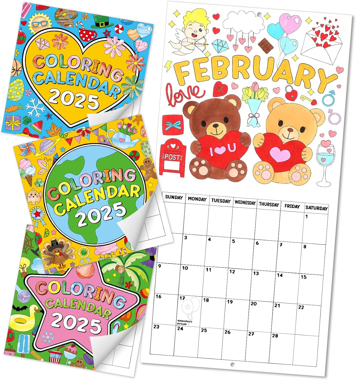 Amazon.com: Sinload 3 Pcs Kids Calendar 2025 Coloring Wall Calendar 12 ...