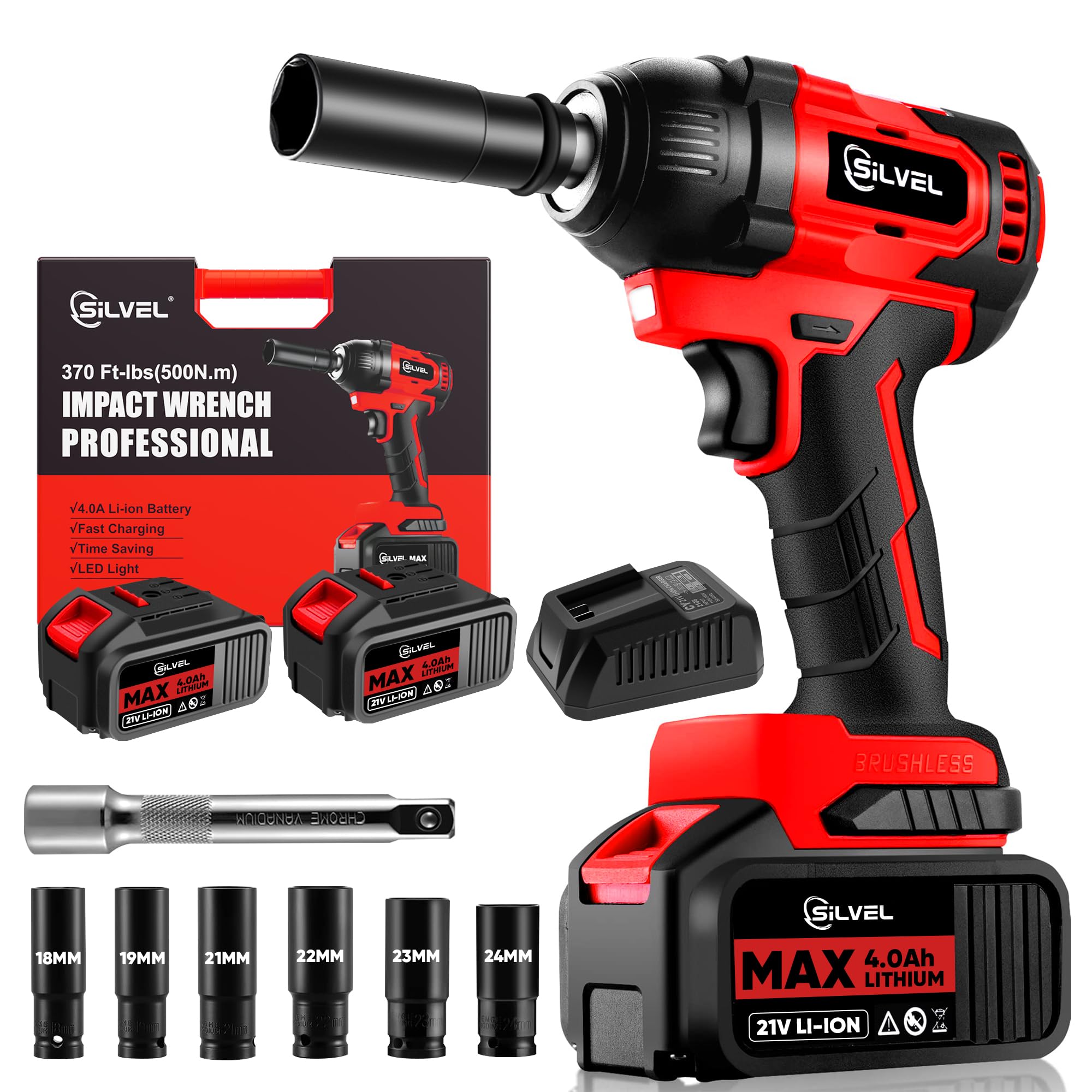 Snapklik.com : SILVEL Cordless Impact Wrench, 370 Ft-lbs (500Nm) Impact Gun 1/2 Inch, 2 4.0Ah ...