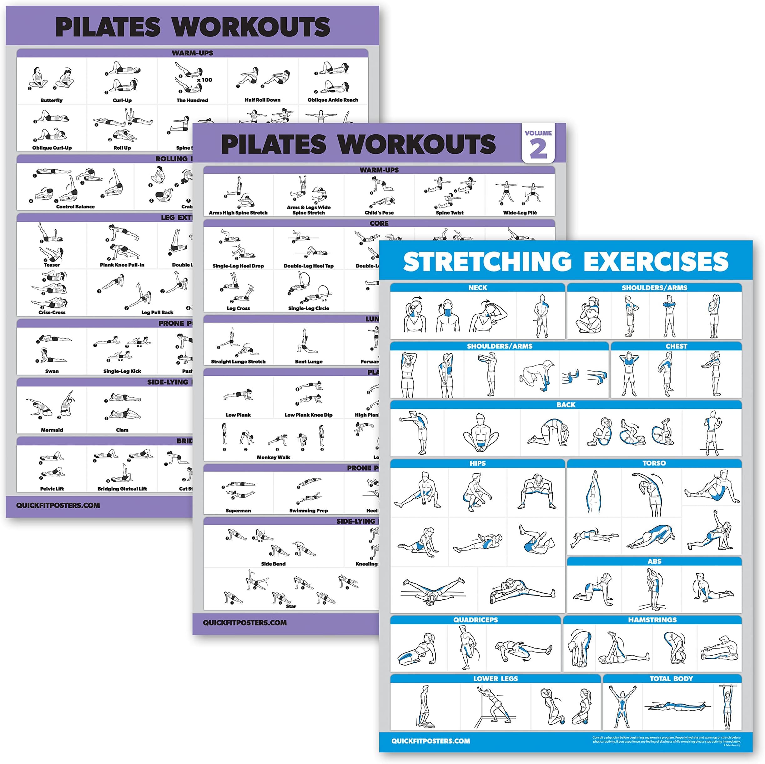 3 Pack - Pilates Workout Poster Set Volume 1 & 2 + Stretching Routine ...