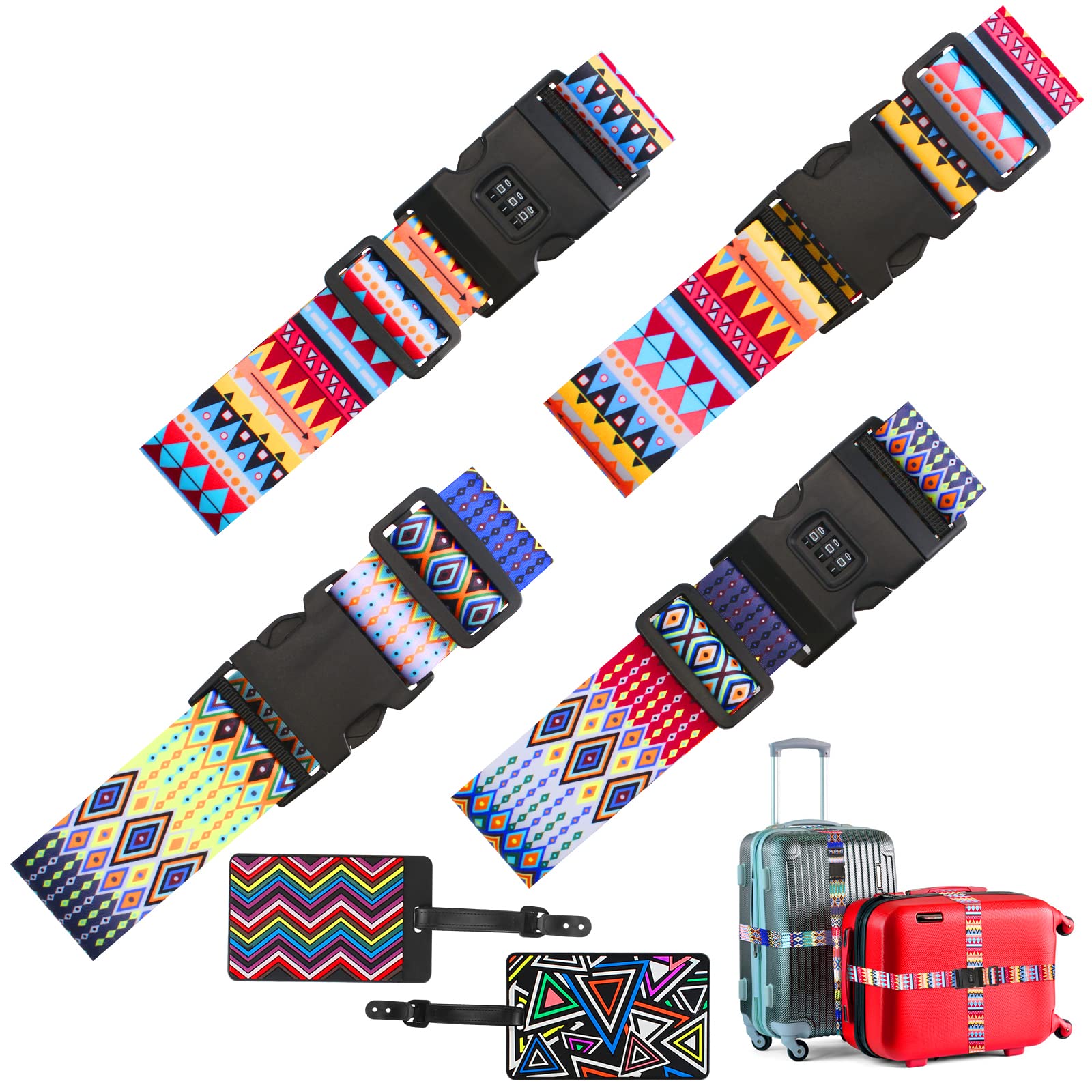 Anruyi 4Pcs Luggage Straps for Suitcases + 2Pcs Luggage Tags ...
