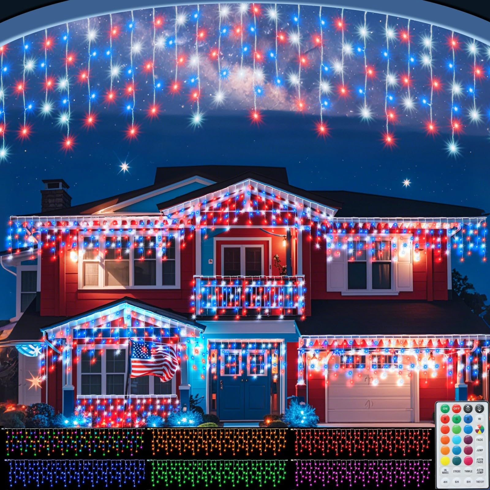 Icicle Lights Outdoor Decoration, 300LED Color Changing 4th of July LED ...
