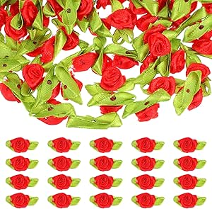 Amazon.com: 200Pcs Mini Roses for Crafts, Satin Ribbon Roses with Green ...