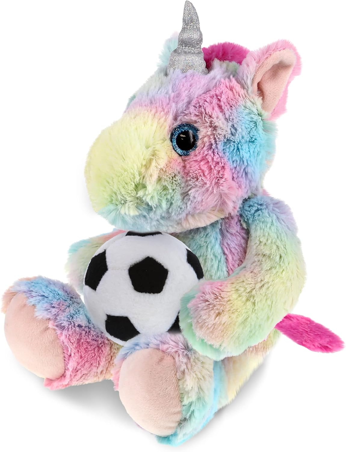Amazon.com: DolliBu Sitting Rainbow Unicorn Stuffed Animal with Soccer ...