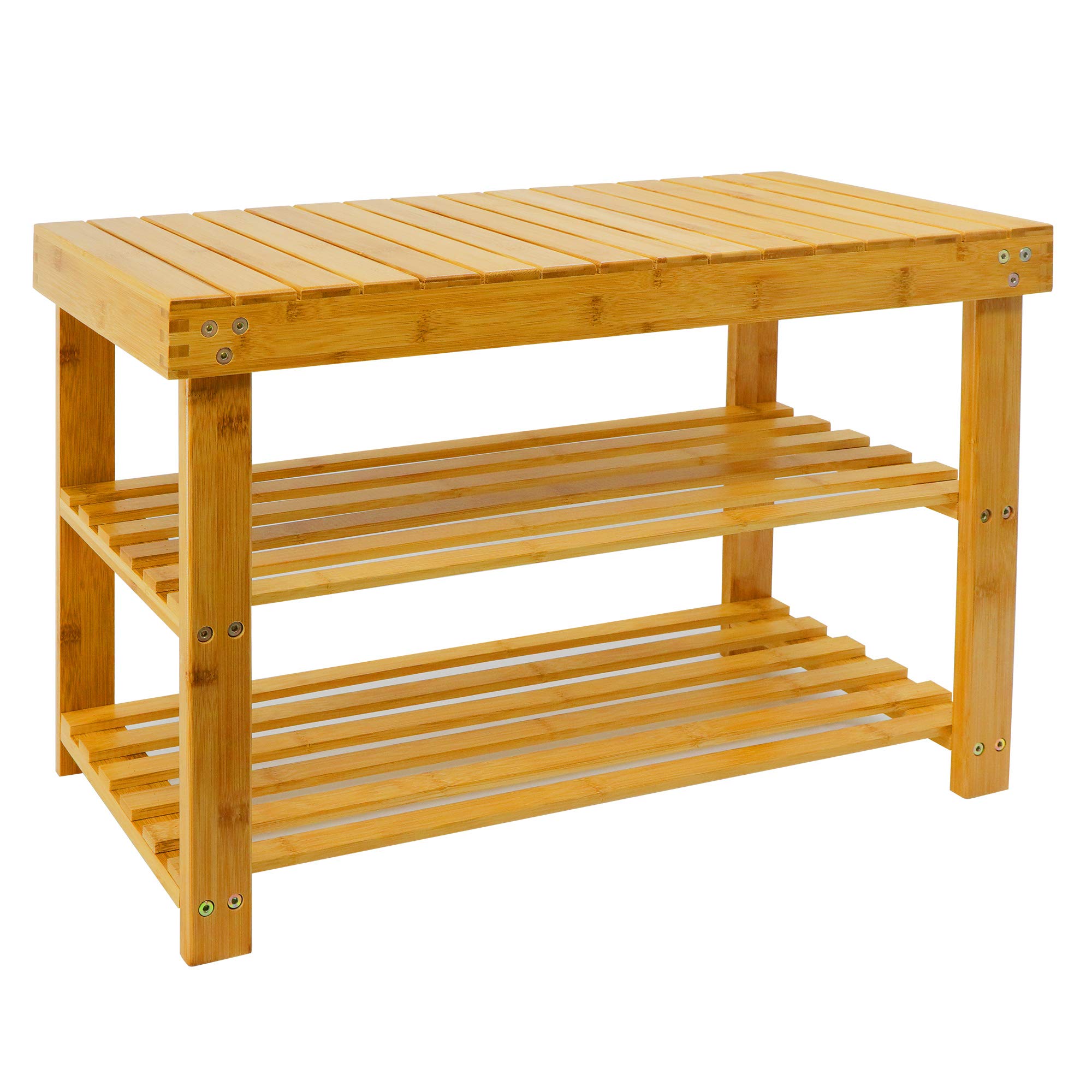 VaeFae Bamboo Storage Bench, 3-Tier Shoe Rack Bench with Storage Shelf ...