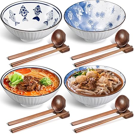 Amazon.com: Ceramic Ramen Bowl Set - 8 Piece- Large White 40 oz ...