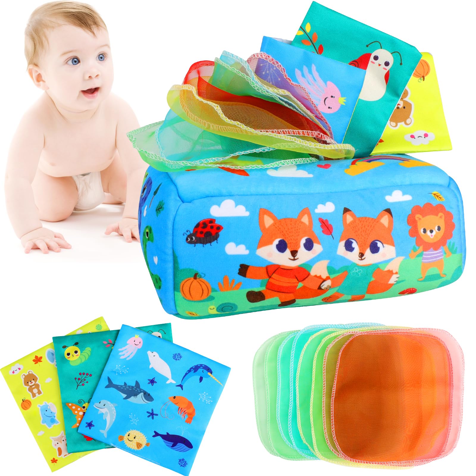 Joollurm Baby Tissue Box Toy,Montessori Toys for Babies, Soft Sensory ...
