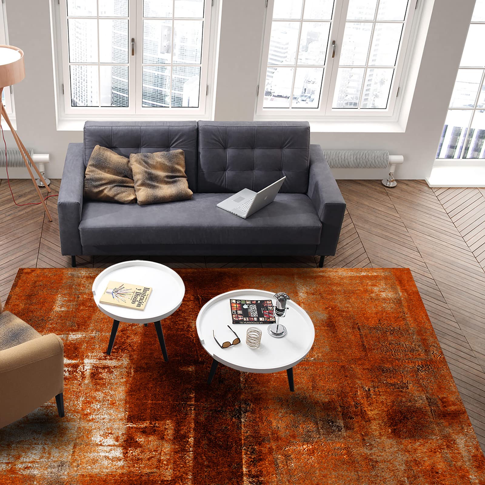 Rectangular Area Rug for Living Room, Bedroom, Burnt Orange Non-Slip ...