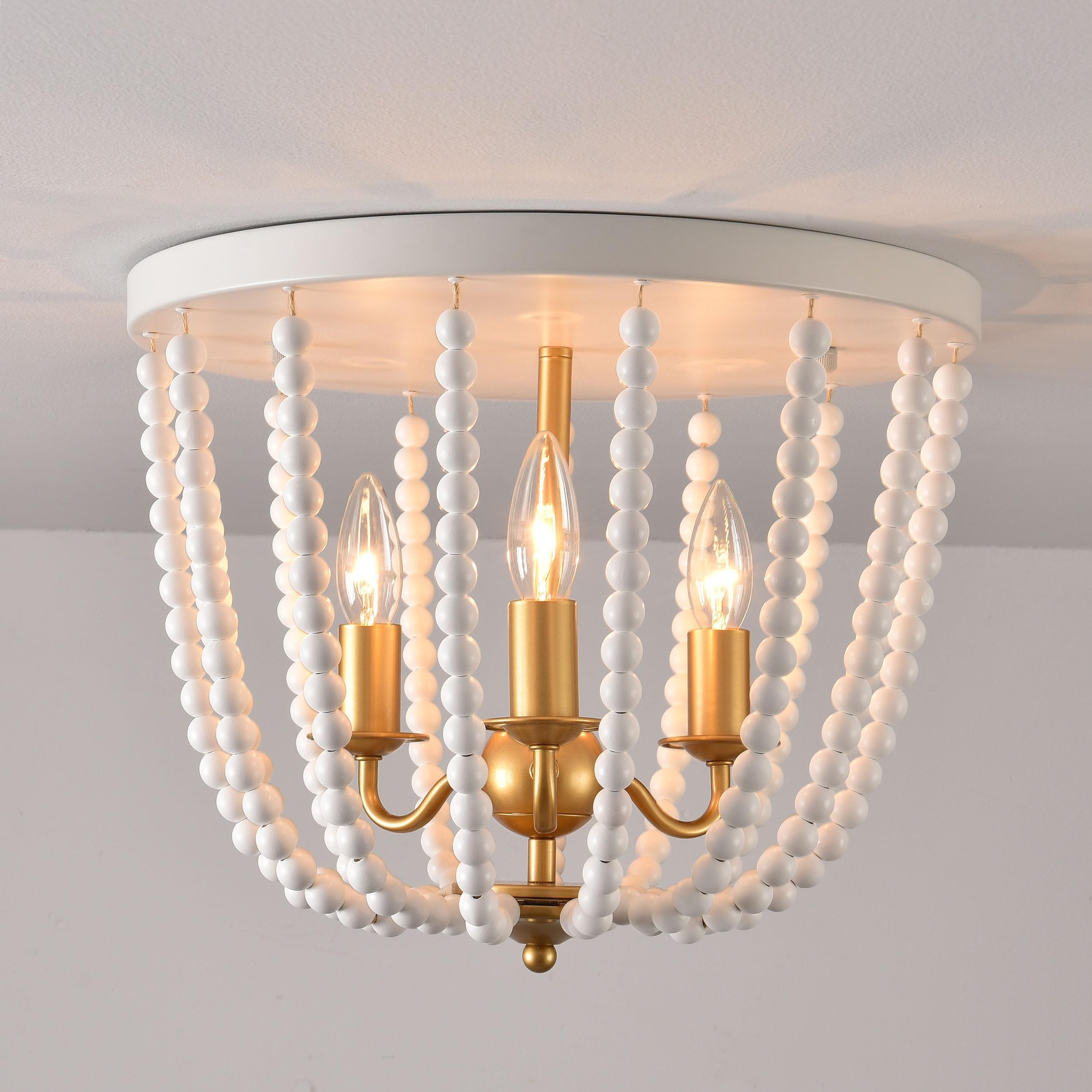 Modxian Boho Wood Beaded Ceiling Light Fixture, 3 Light White Farmhouse ...
