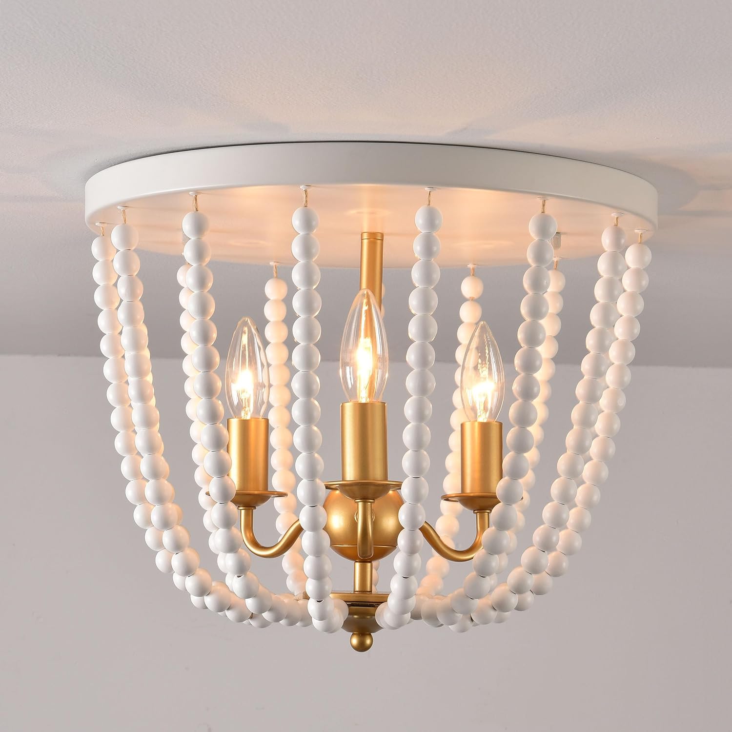 Modxian Boho Wood Beaded Ceiling Light Fixture, 3 Light White Farmhouse ...