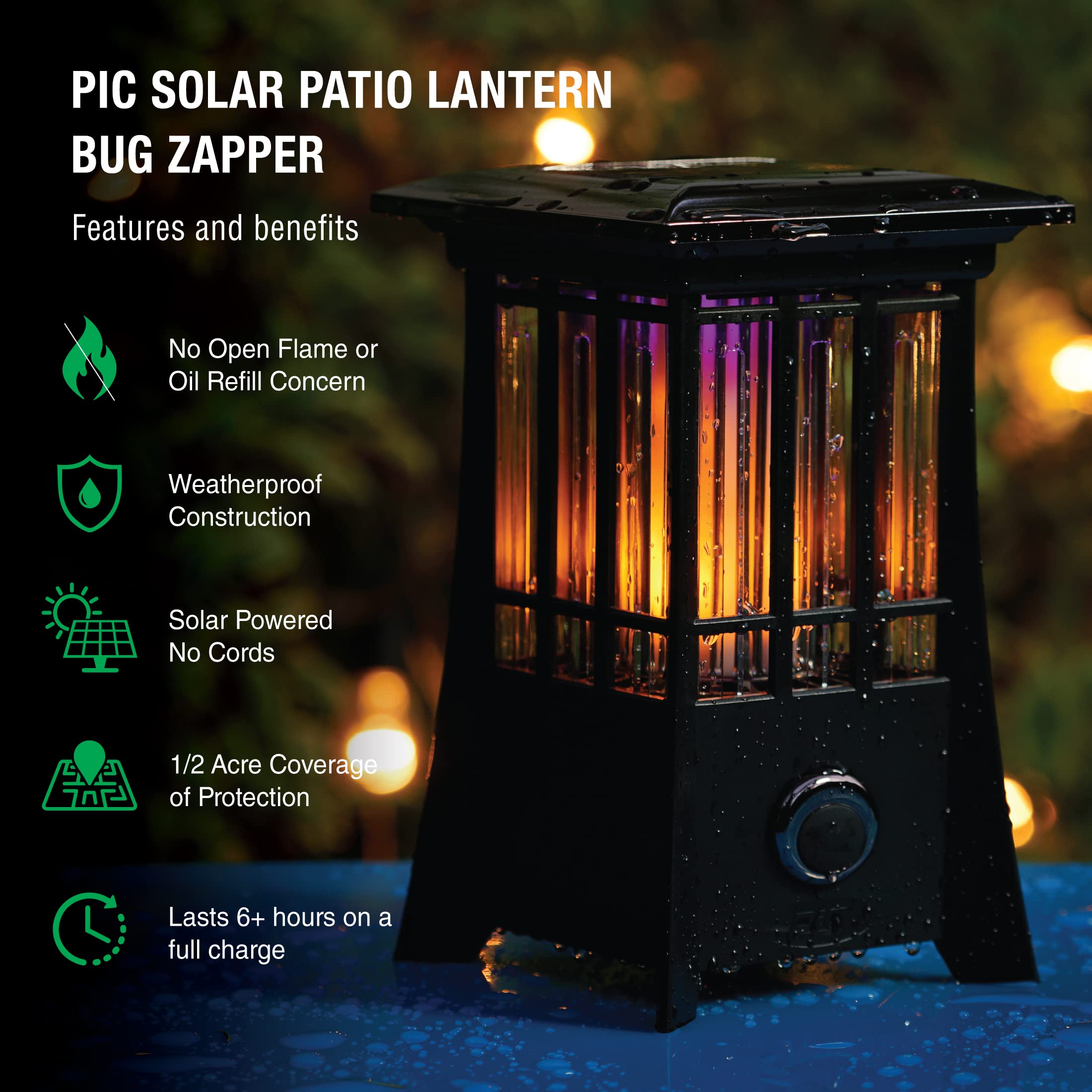 PIC Solar Flame Effect Patio Lantern Bug Zapper, ?? Acre Coverage, 1 Pack