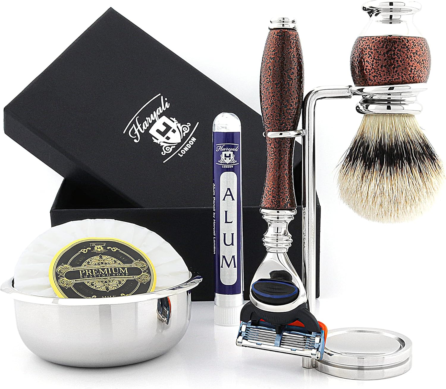 Haryali London 6pc Shaving Kit 5 Edge Razor with Silver Tip Badger Hair ...