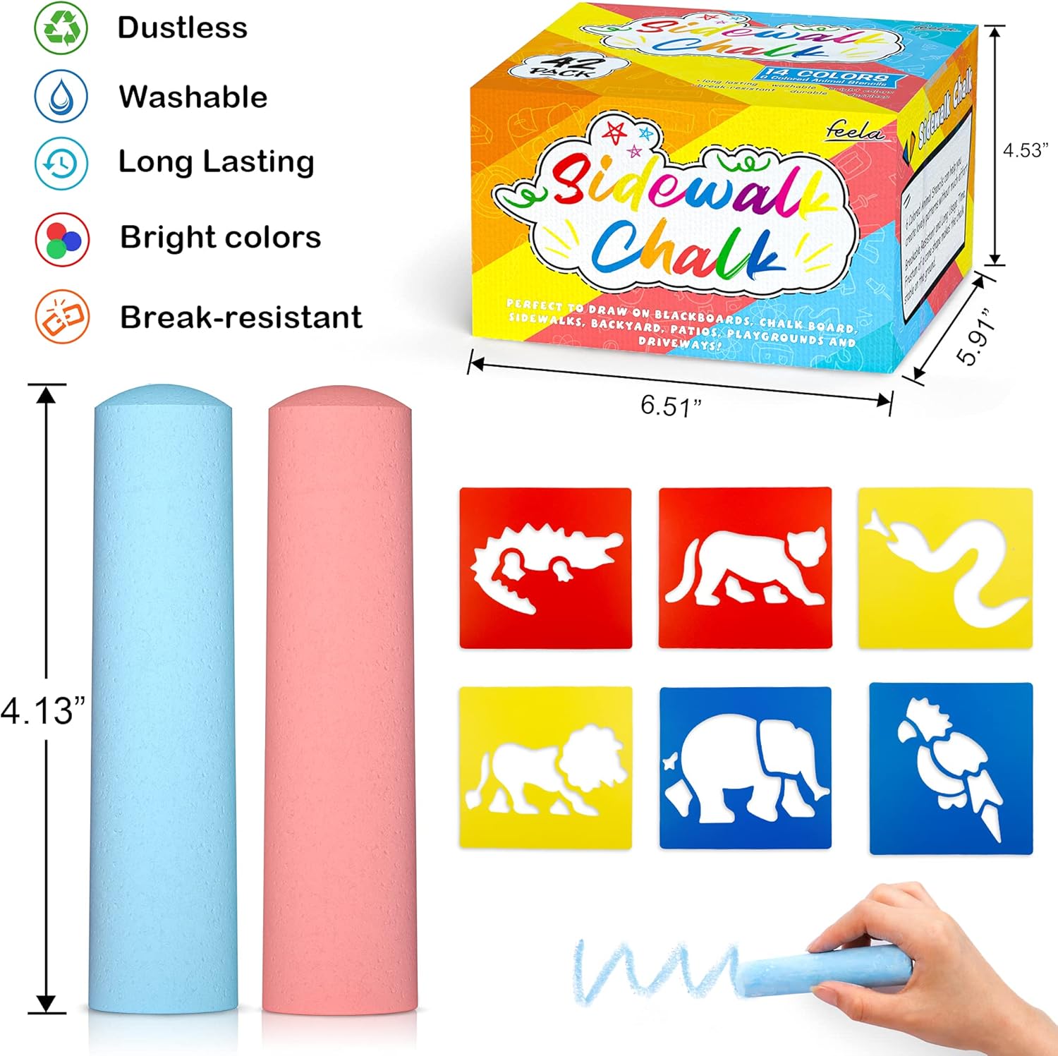 42 Pack Jumbo Chalks for Children, Feela 14 Coloured Sidewalk Chalks ...