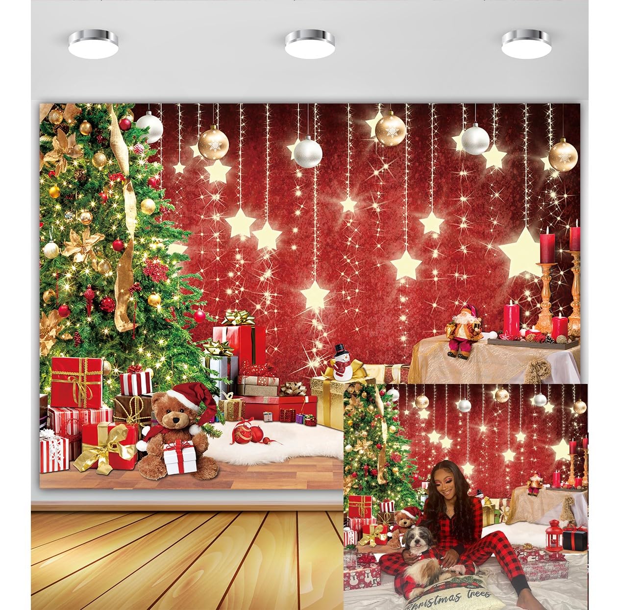Amazon.com : Red Christmas Backdrop Xmas Tree Shining Stars Gold Ball ...
