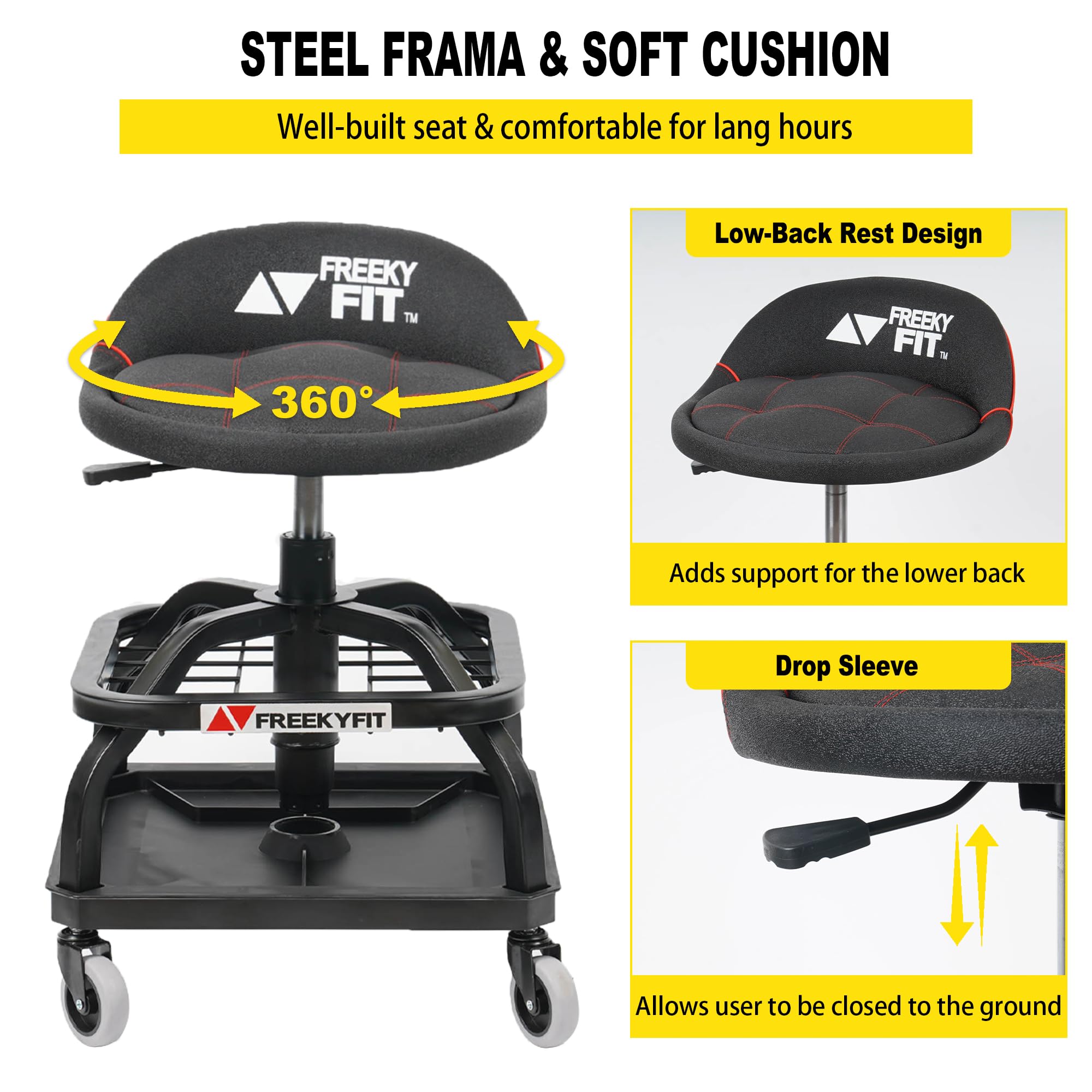 FreekyFit Rolling Shop Stool for Garage with Casters, DO01-Adjustable ...