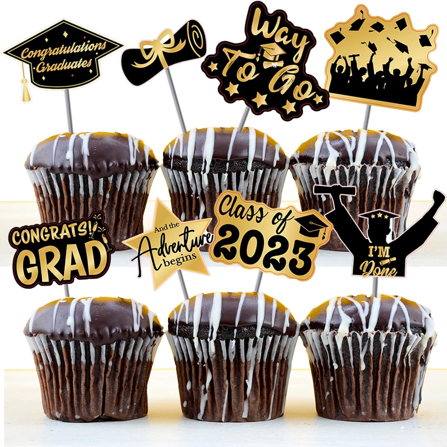 48pcs Graduation Cupcake Toppers Black Gold Grad Cap Diploma Cupcake ...