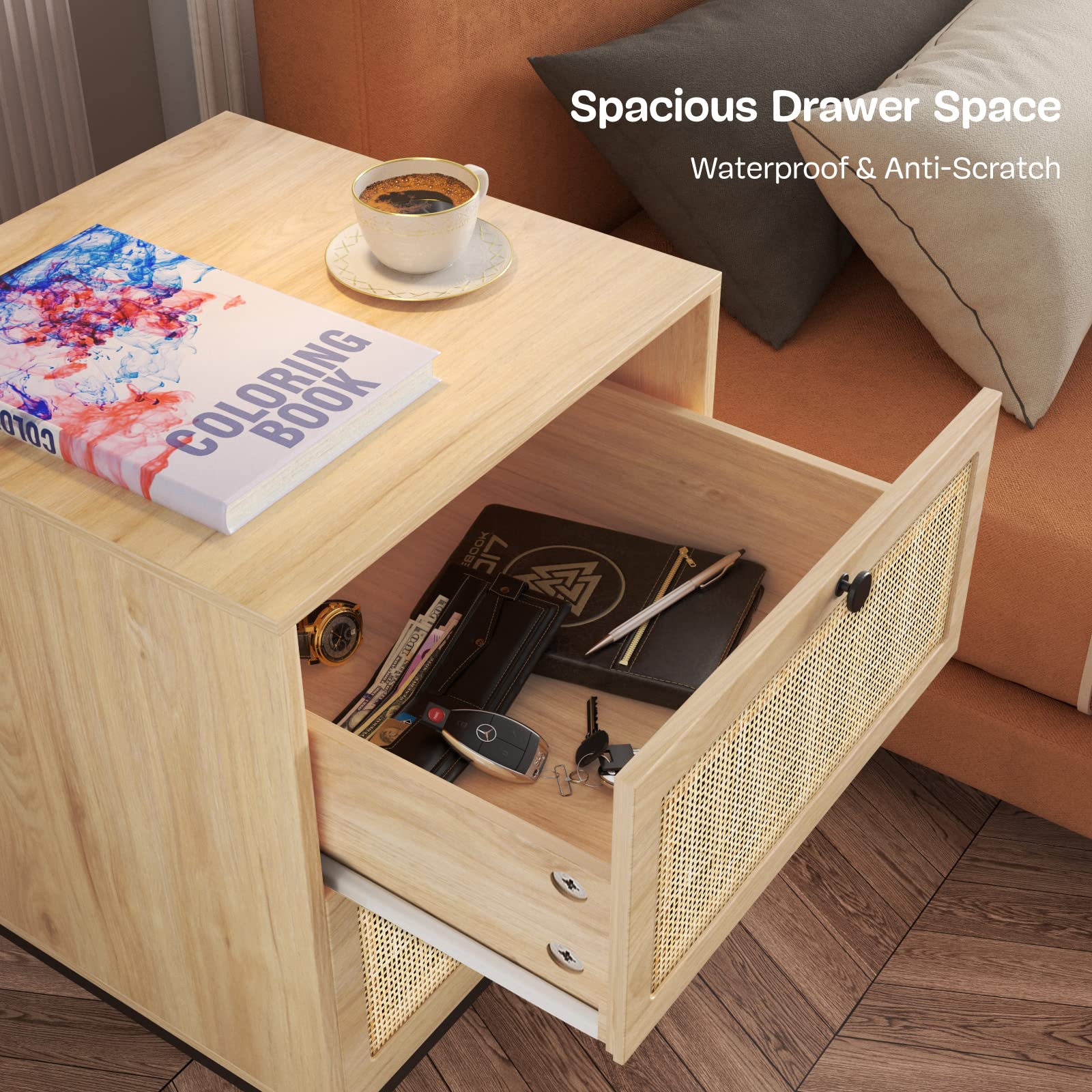 Yechen Nightstands Set of 2, Rattan Nightstand with Drawers, End Table, Bedside Table Set of 2 ...