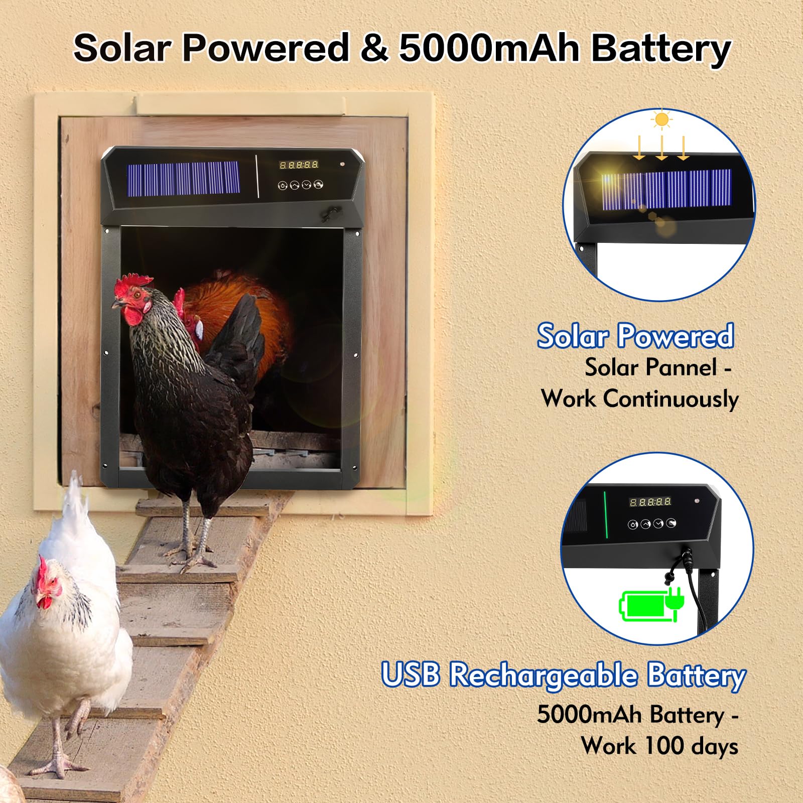 Automatic Chicken Coop Door, Solar Powered/USB Rechargeable, 5000mAh ...