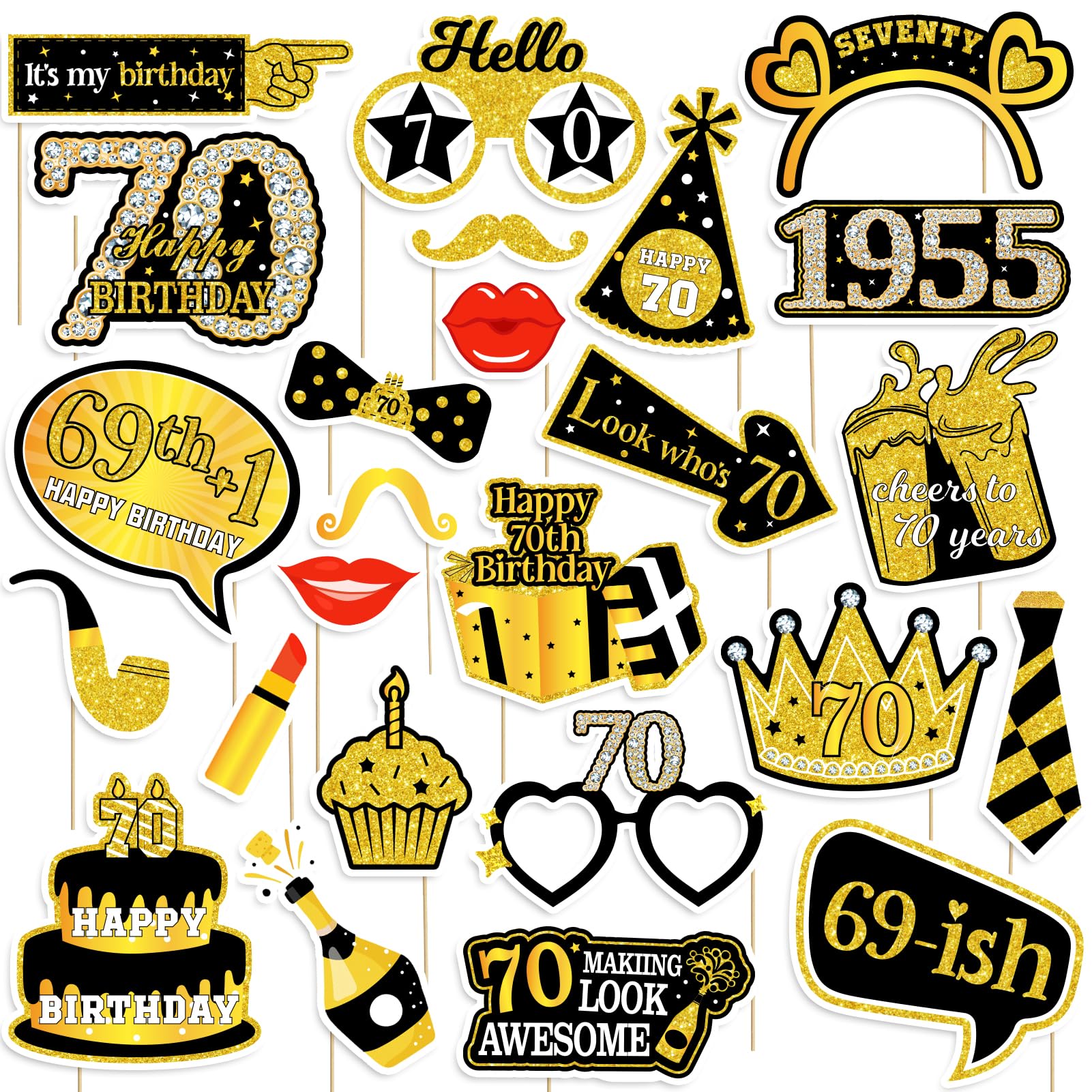 Amazon.com: 70th Birthday Photo Booth Props for Women & Men, Black Gold ...