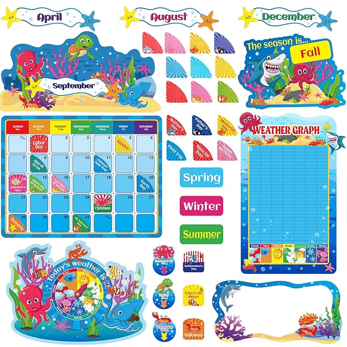 Buy 90 Pcs Sea Calendar Bulletin Board Set Pocket Chart Calendar ...