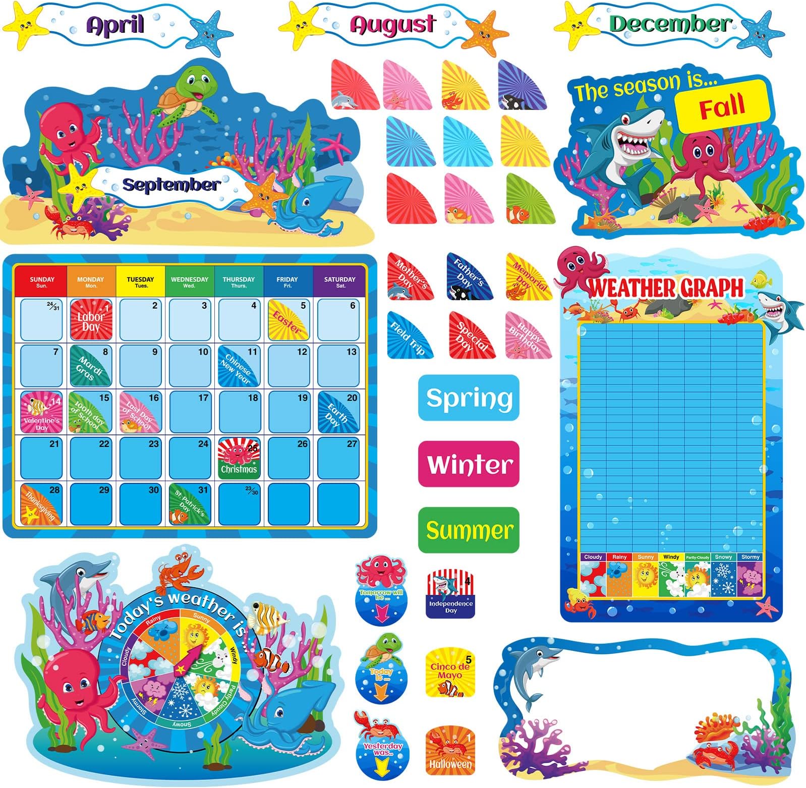 Amazon.com: 90 Pcs Sea Calendar Bulletin Board Set Pocket Chart Seasons ...