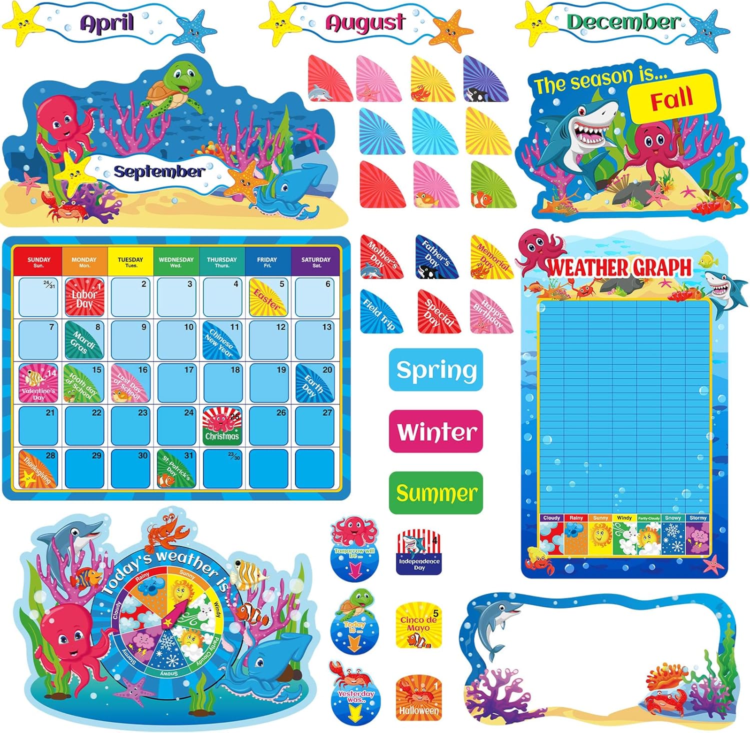 Amazon.com: 90 Pcs Sea Calendar Bulletin Board Set Pocket Chart Seasons ...